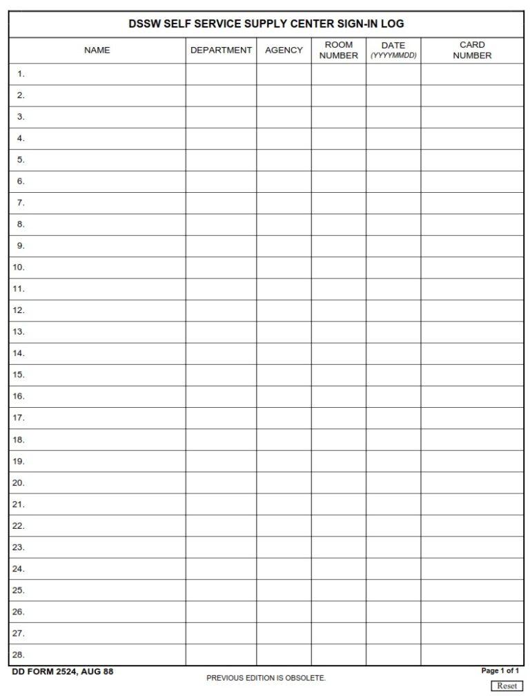 DD Form 2524 – DSSW Self Service Supply Center Sign-In Log - DD Forms