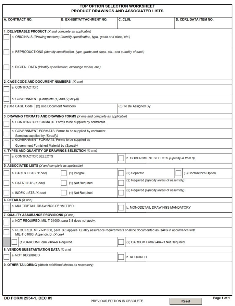 DD Form 2554-1 – Product Drawings and Associated Lists - DD Forms