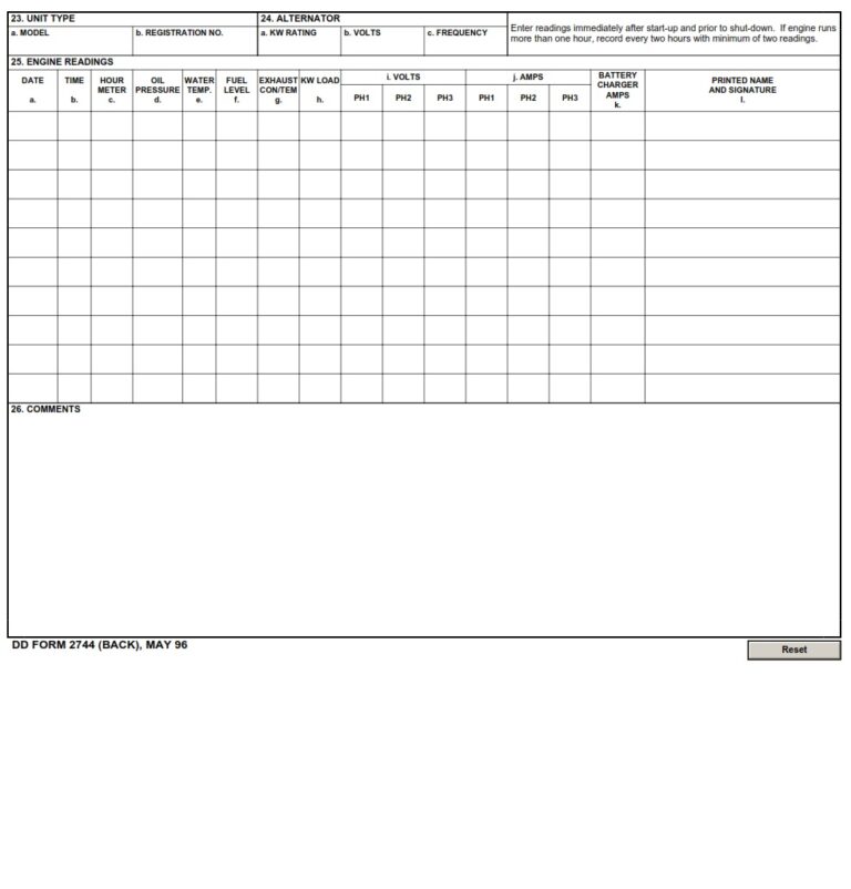 DD Form 2744 – Emergency/Auxiliary Generator Operating Log - DD Forms