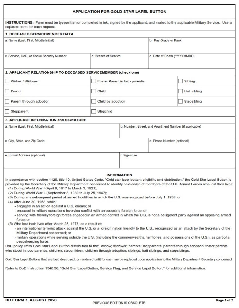 DD Form 3 – Application for Gold Star Lapel Button - DD Forms