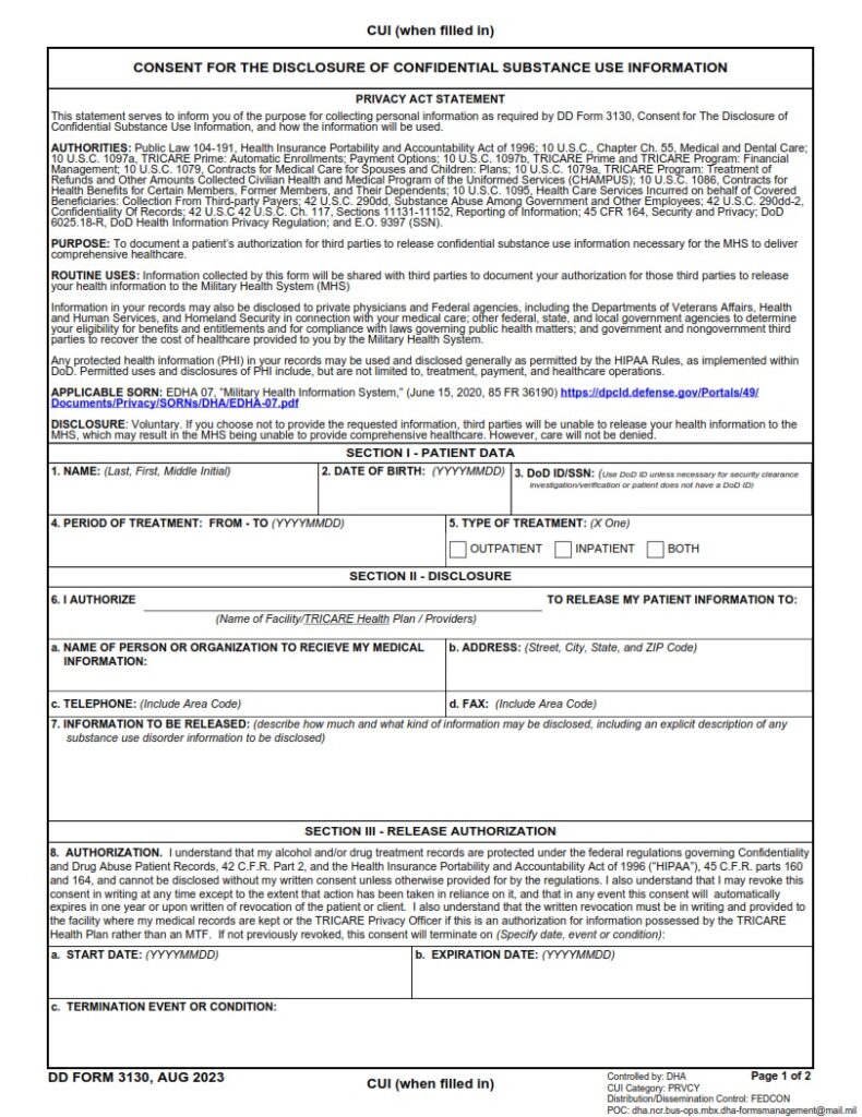 DD Form 3130 – Consent for the Disclosure of Confidential Substance Use ...