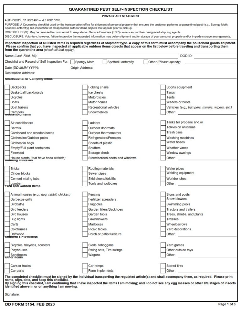 DD Form 3154 – Quarantined Pest Self-Inspection Checklist - DD Forms