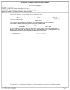 DD Form 3167 – Releasing Agent Authorization Statement - DD Forms