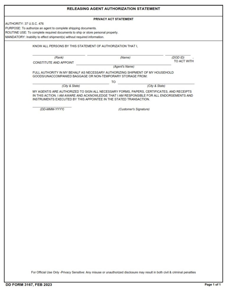 DD Form 3167 – Releasing Agent Authorization Statement - DD Forms