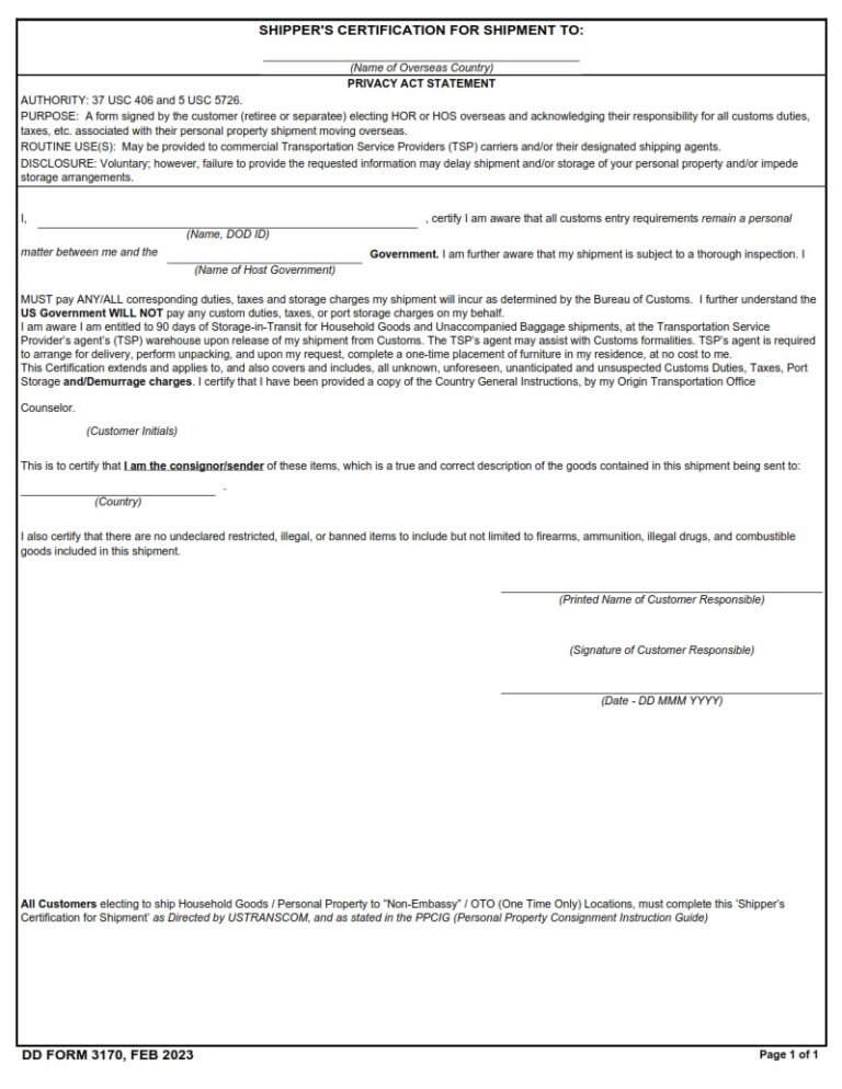 DD Form 3170 – Shipper’s Certification for Shipment - DD Forms