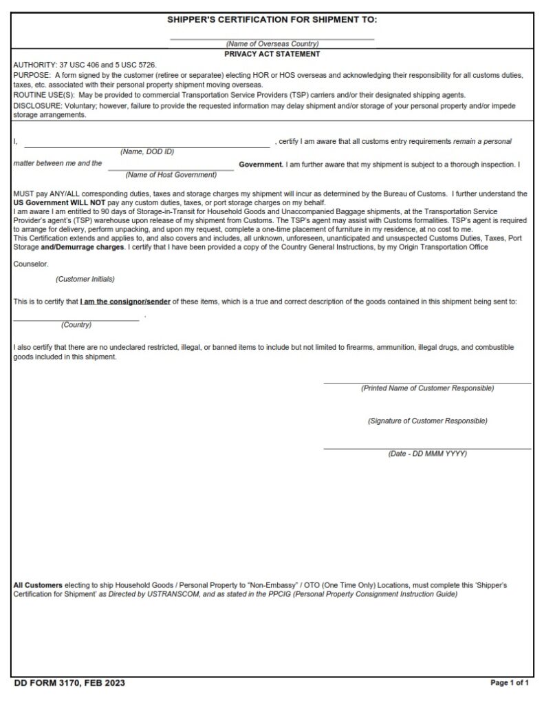 DD Form 3170 – Shipper’s Certification for Shipment - DD Forms