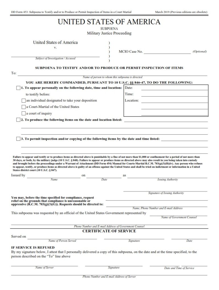 DD Form 453 – Subpoena to Testify and/or Produce or Permit Inspection ...