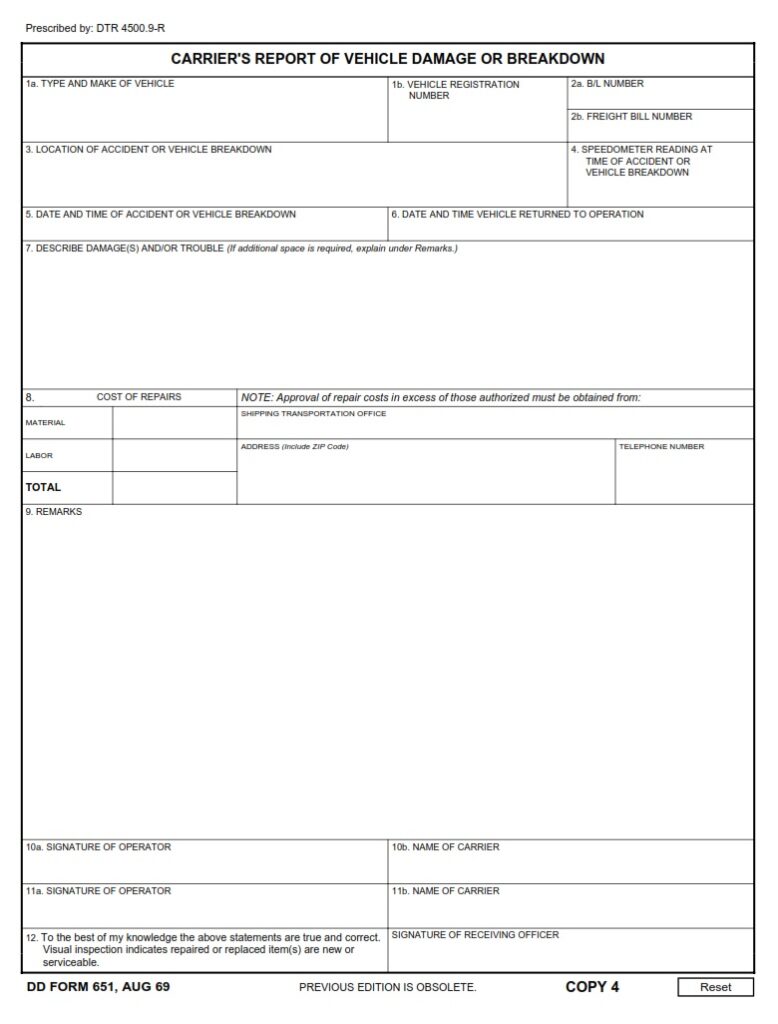 DD Form 651 – Carrier’s Report of Vehicle Damage or Breakdown - DD Forms