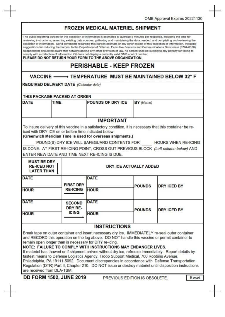 DD Form 1502 – Frozen Medical Materiel Shipment - DD Forms