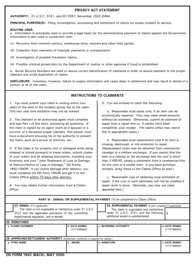 DD Form 1842 – Claim for Loss of or Damage to Personal Property ...