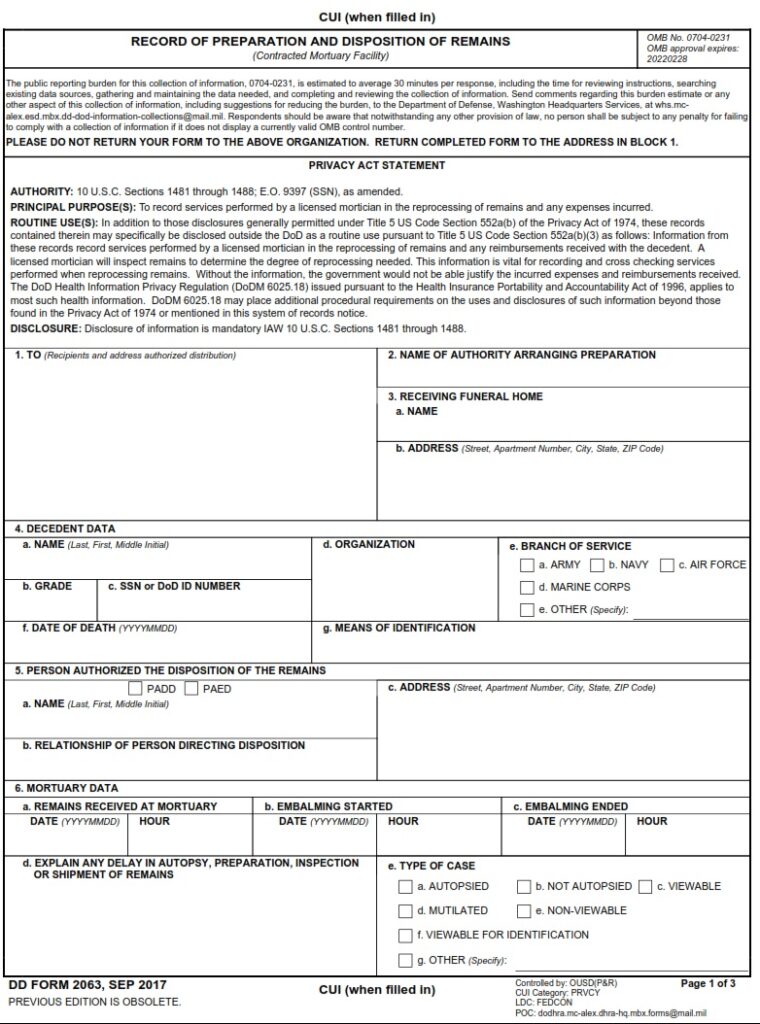 DD Form 2063 – Record of Preparation and Disposition of Remains ...