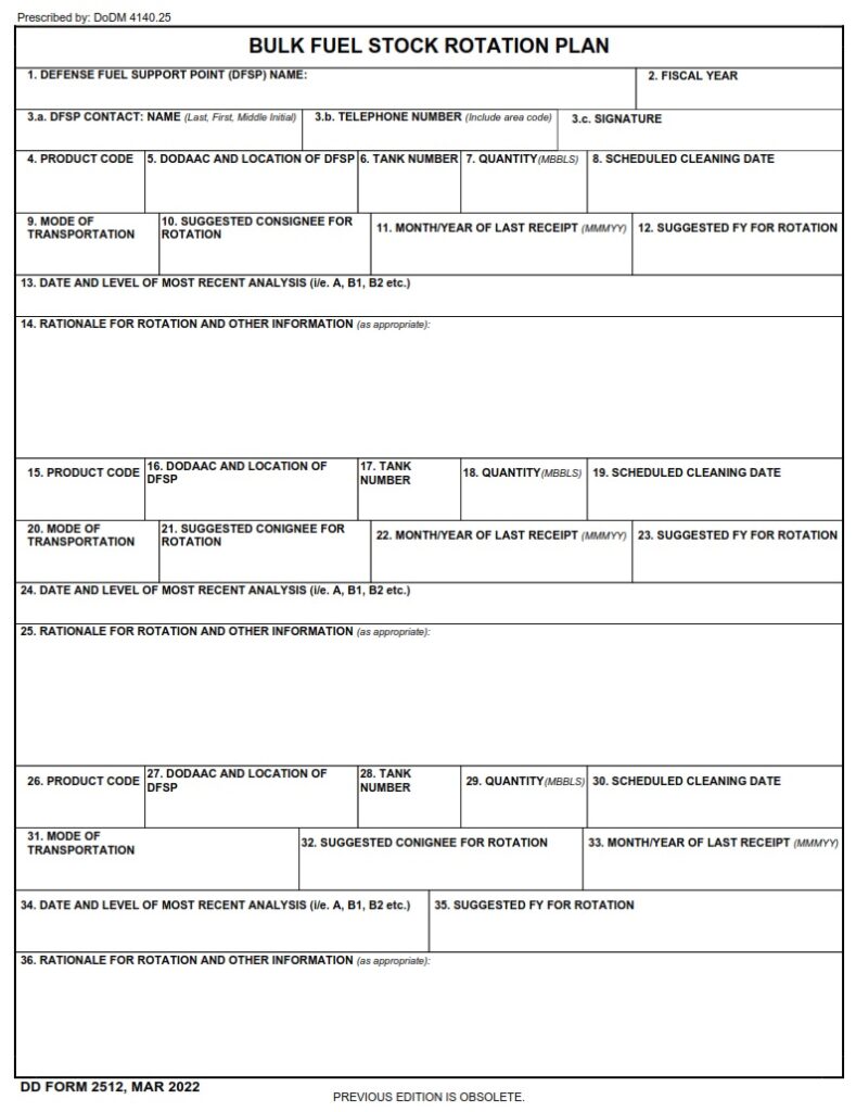 DD Form 2512 – Bulk Fuel Stock Rotation Plan - DD Forms