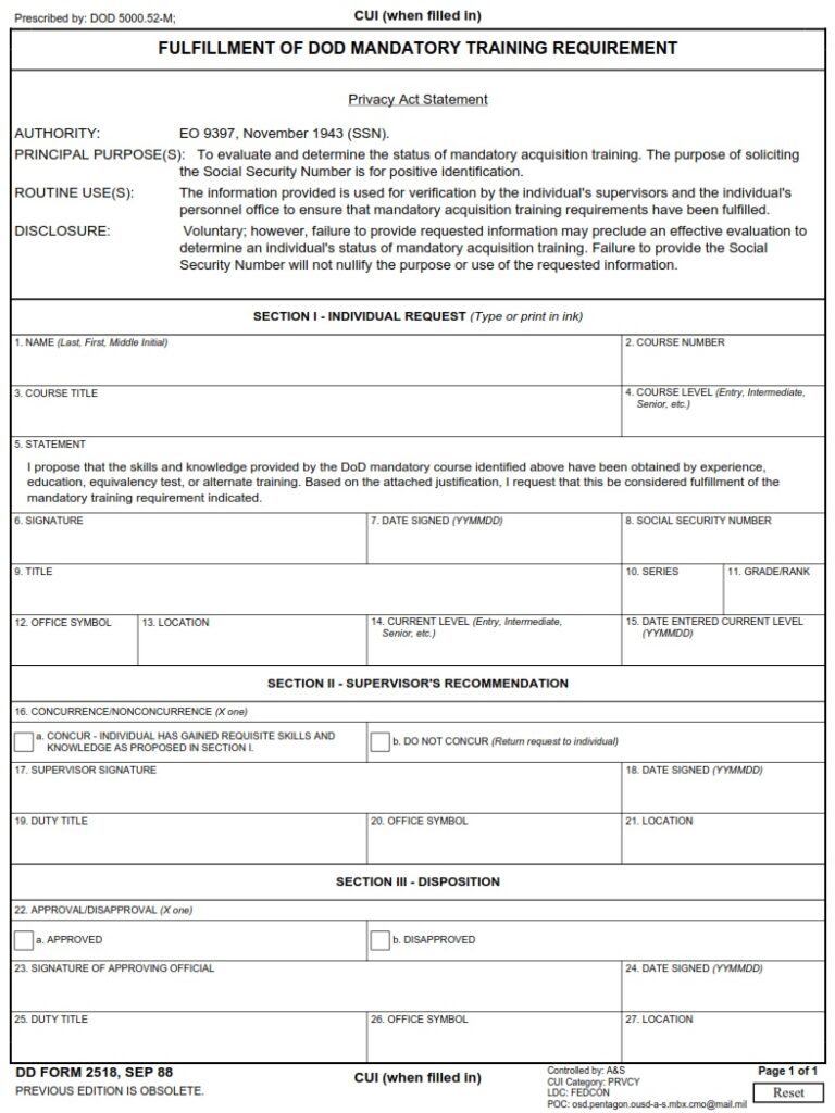 DD Form 2518 – Fulfillment of DoD Mandatory Training Requirement - DD Forms