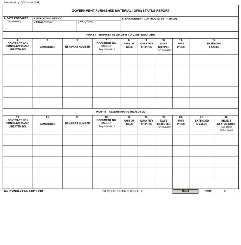 DD Form 2543 – Government Furnished Material (GFM) Status Report - DD Forms