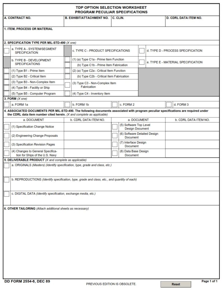 DD Form 2554-8 – Program Peculiar Specifications - DD Forms