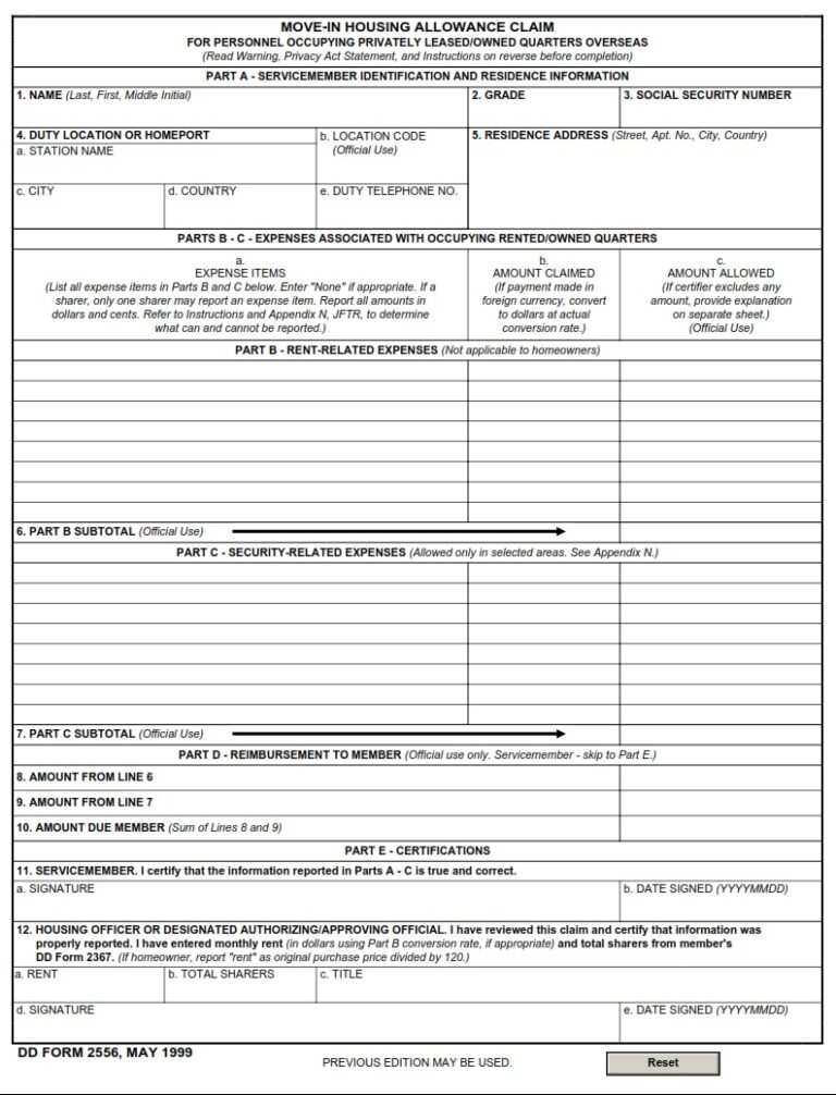 DD Form 2556 – Move-In Housing Allowance Claim Form - DD Forms