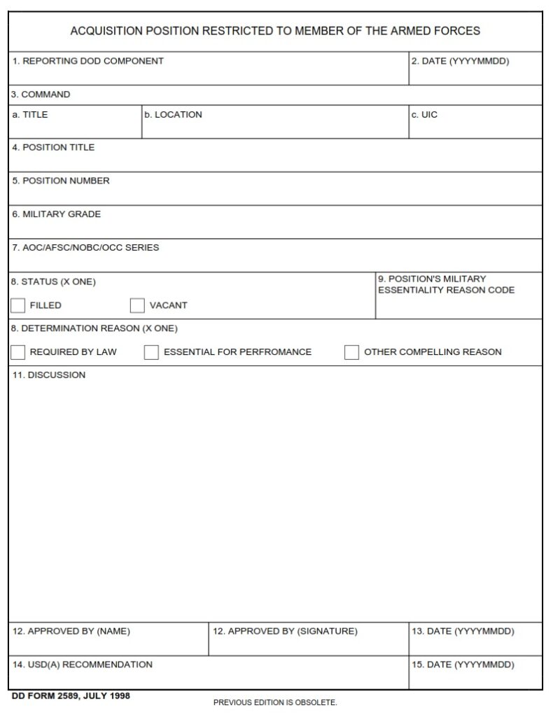 DD Form 2589 – Acquisition Position Restricted to Member of the Armed ...