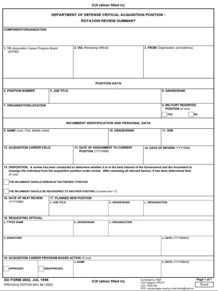 DD Form 2602 – Department of Defense Critical Acquisition Position - DD ...