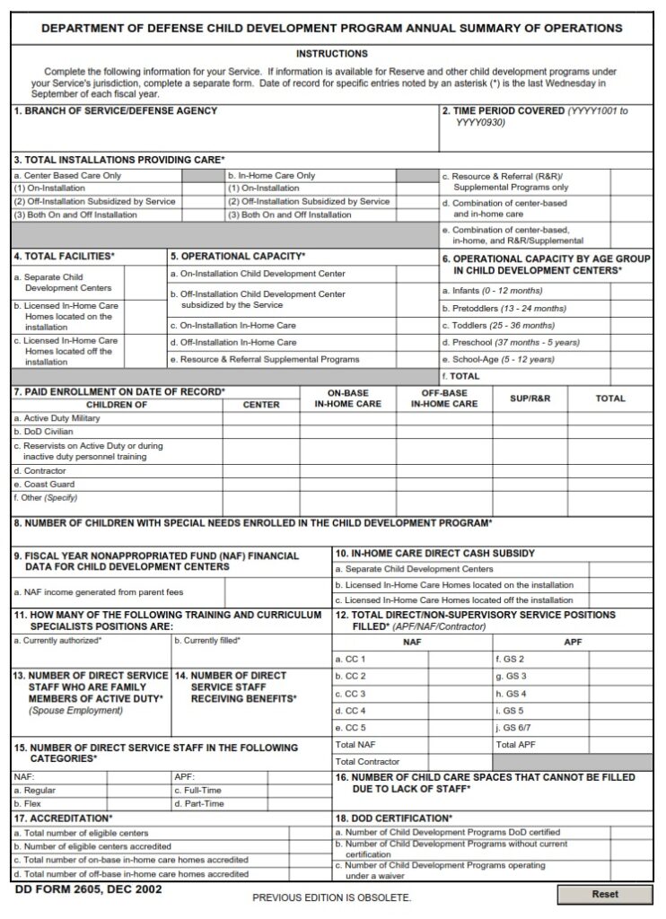 DD Form 2605 – Annual Summary of Operations, Department of Defense ...