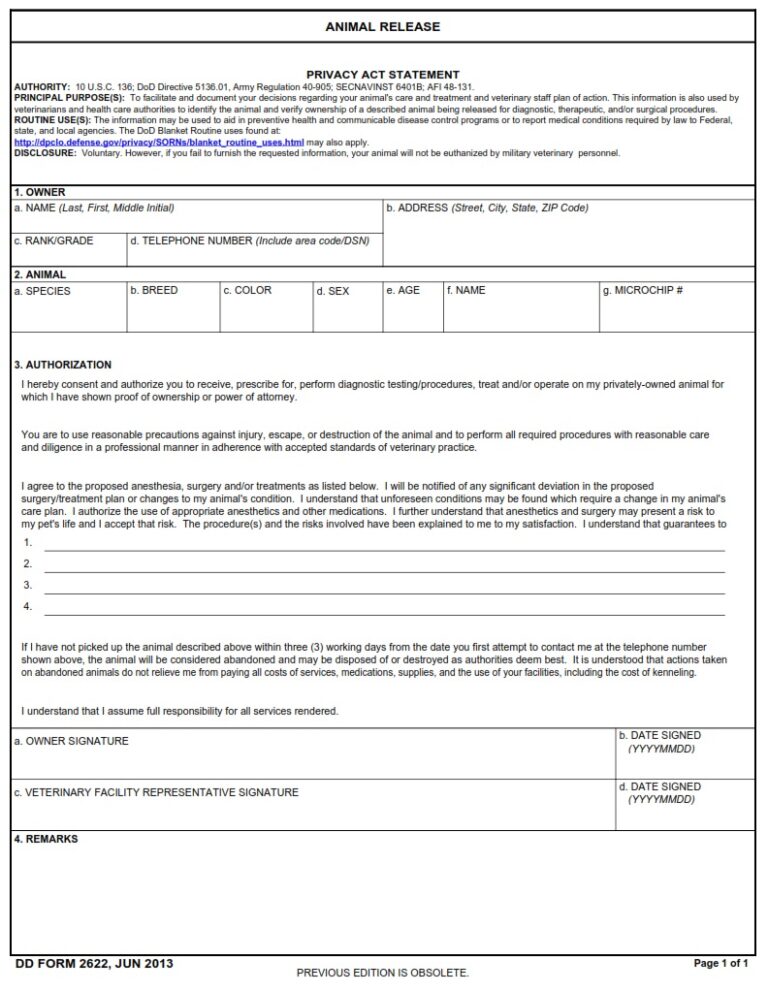 DD Form 2622 – Animal Release - DD Forms