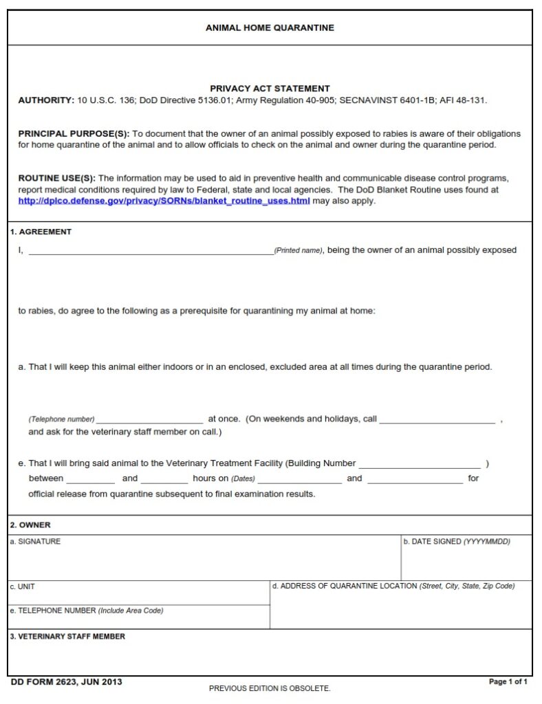 DD Form 2623 – Animal Home Quarantine - DD Forms