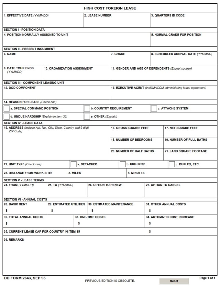 DD Form 2643 – High Cost Foreign Lease - DD Forms