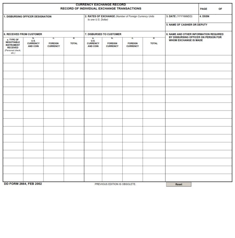 DD Form 2664 – Currency Exchange Record - DD Forms