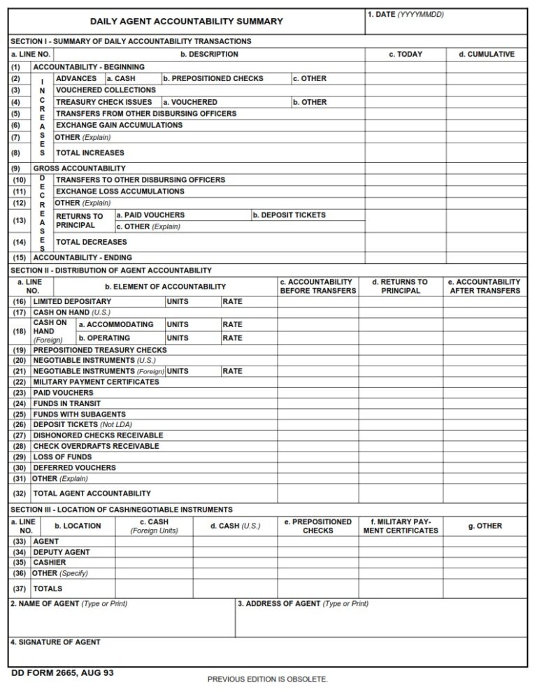 DD Form 2665 – Daily Agent Accountability Summary - DD Forms