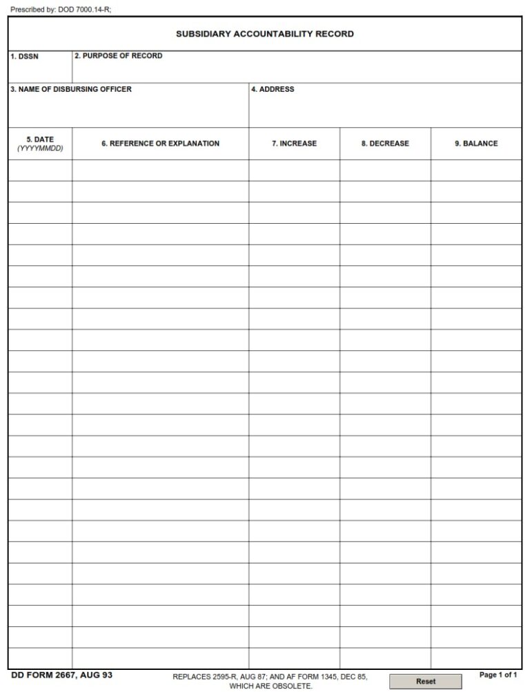 DD Form 2667 – Subsidiary Accountability Record - DD Forms