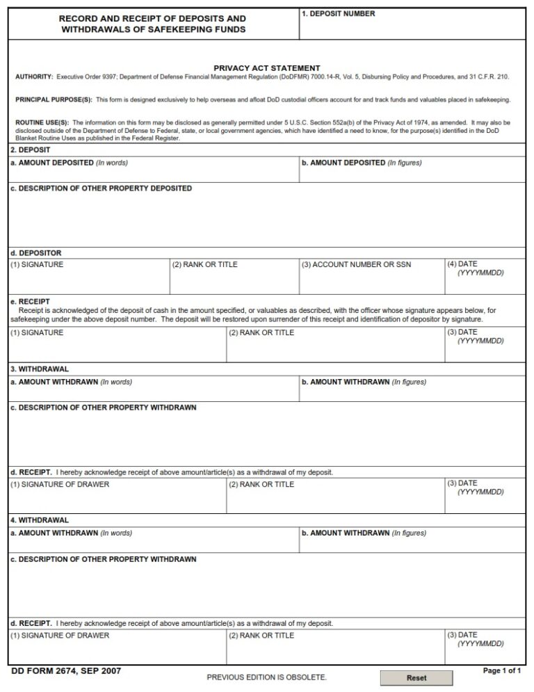 DD Form 2674 – Record and Receipt of Deposits and Withdrawals of ...