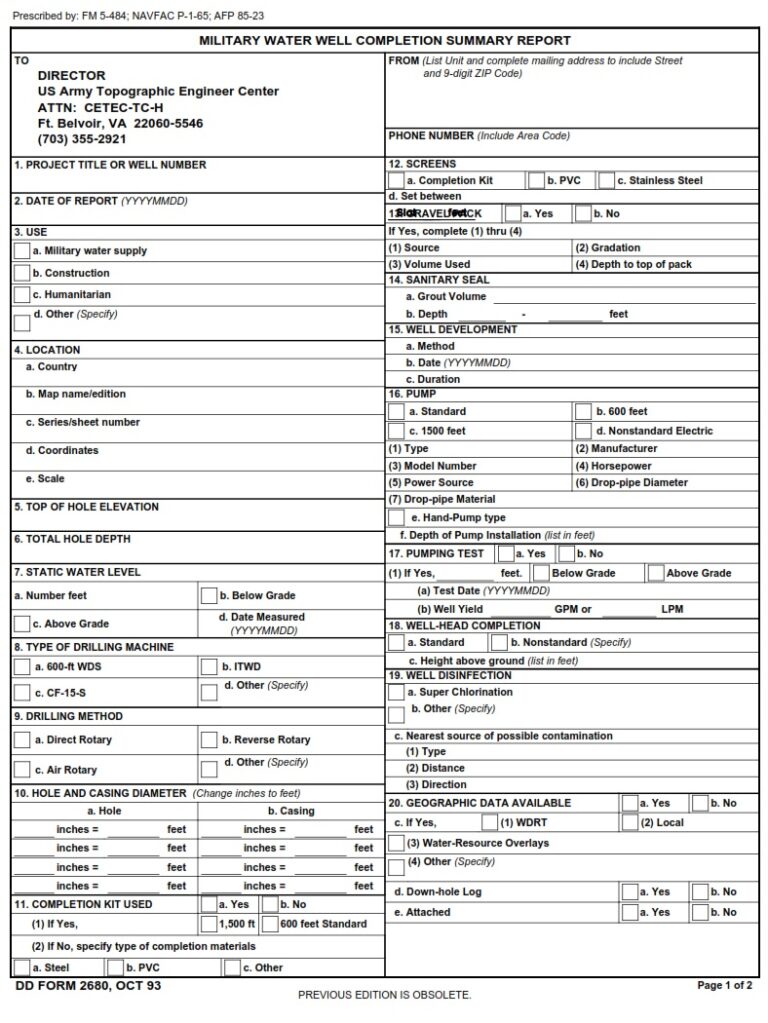DD Form 2680 – Military Water Well Completion Summary Report - DD Forms