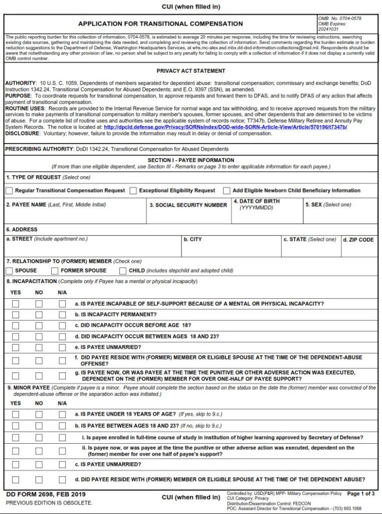 DD Form 2698 – Application for Transitional Compensation - DD Forms