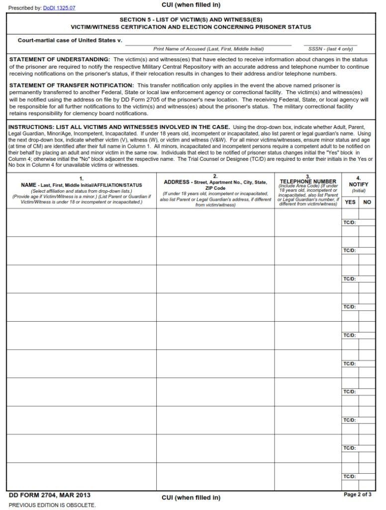 DD Form 2704 – Victim/Witness Certification and Election Concerning ...