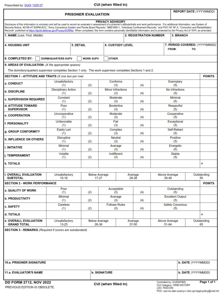 DD Form 2712 – Prisoner Evaluation - DD Forms