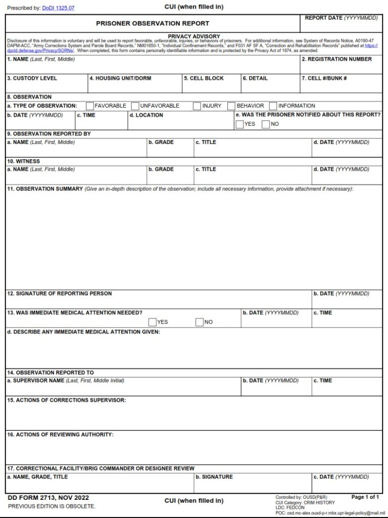 DD Form 2713 – Prisoner Observation Report - DD Forms