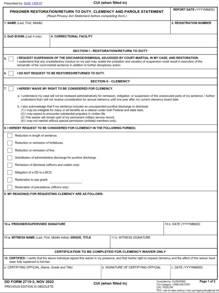 DD Form 2715-3 – Prisoner Restoration/Return to Duty, Clemency and ...
