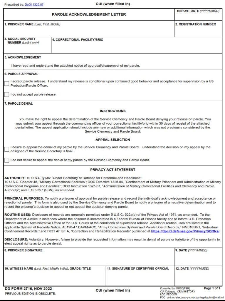DD Form 2715-3 – Prisoner Restoration/Return to Duty, Clemency and ...