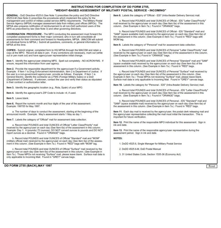 DD Form 2755 – Weight-Based Assessment of Military Postal Service ...