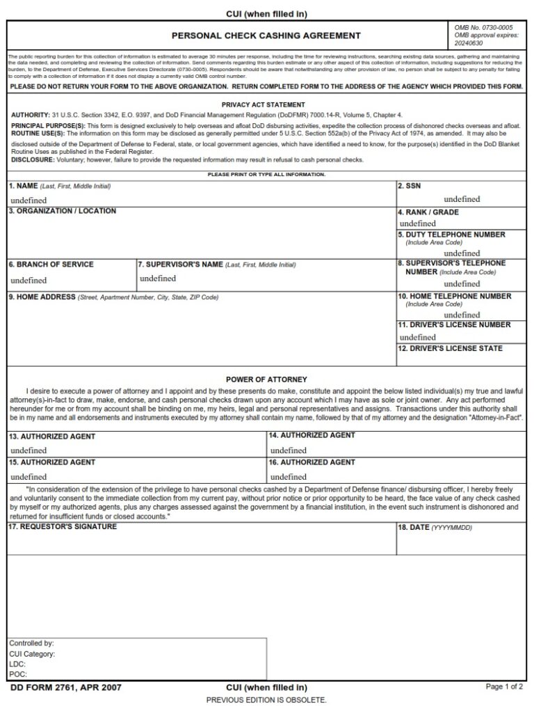 DD Form 2761 – Personal Check Cashing Agreement - DD Forms