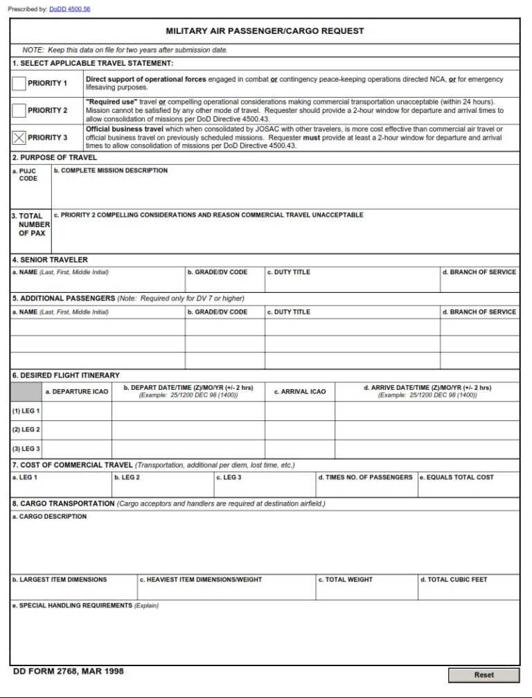 DD Form 2768 – Military Air Passenger/Cargo Request - DD Forms