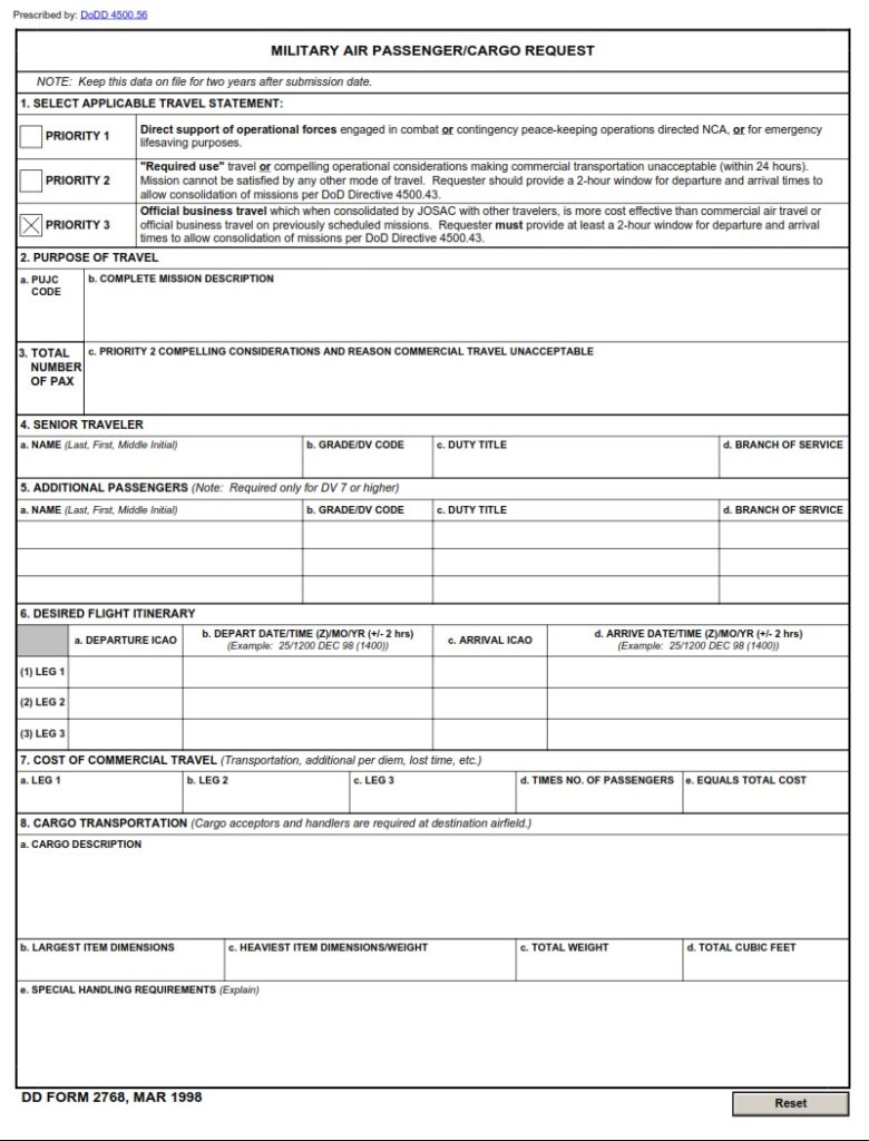 DD Form 2768 – Military Air Passenger/Cargo Request - DD Forms
