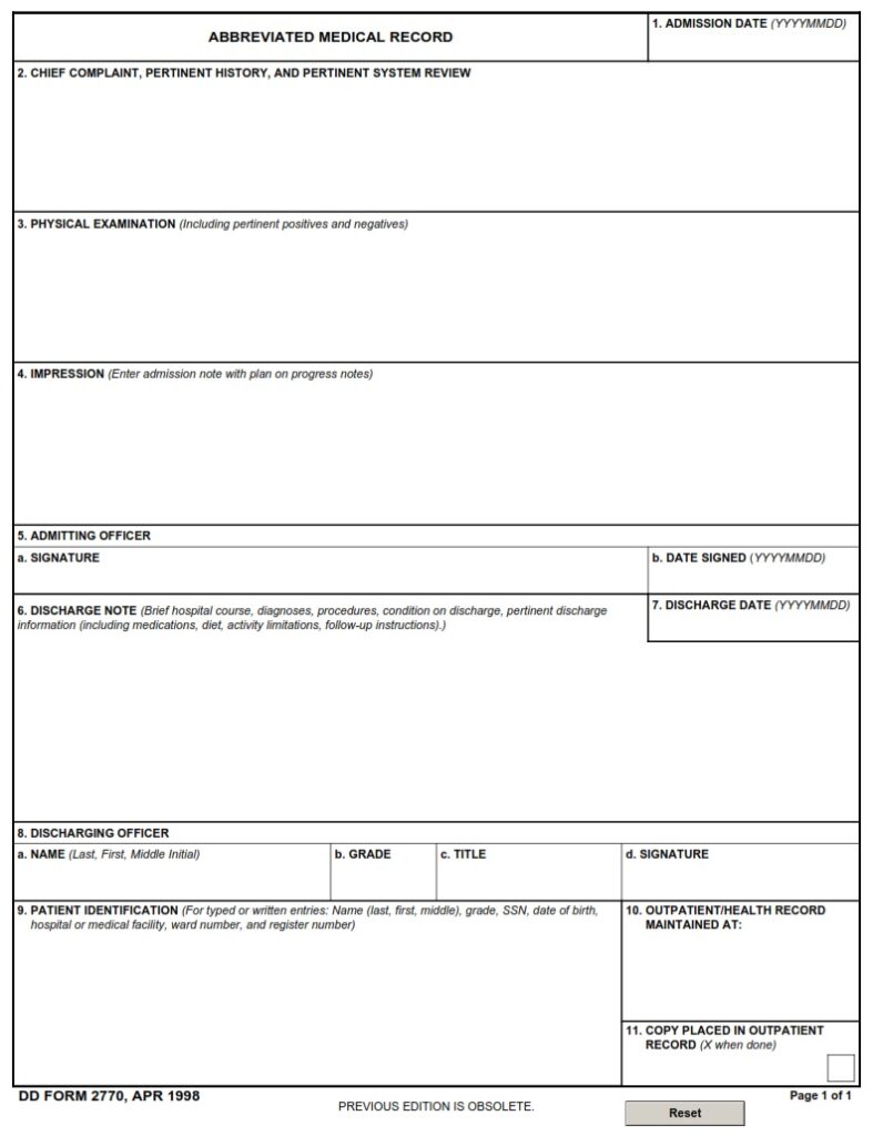 DD Form 2770 – Abbreviated Medical Record - DD Forms