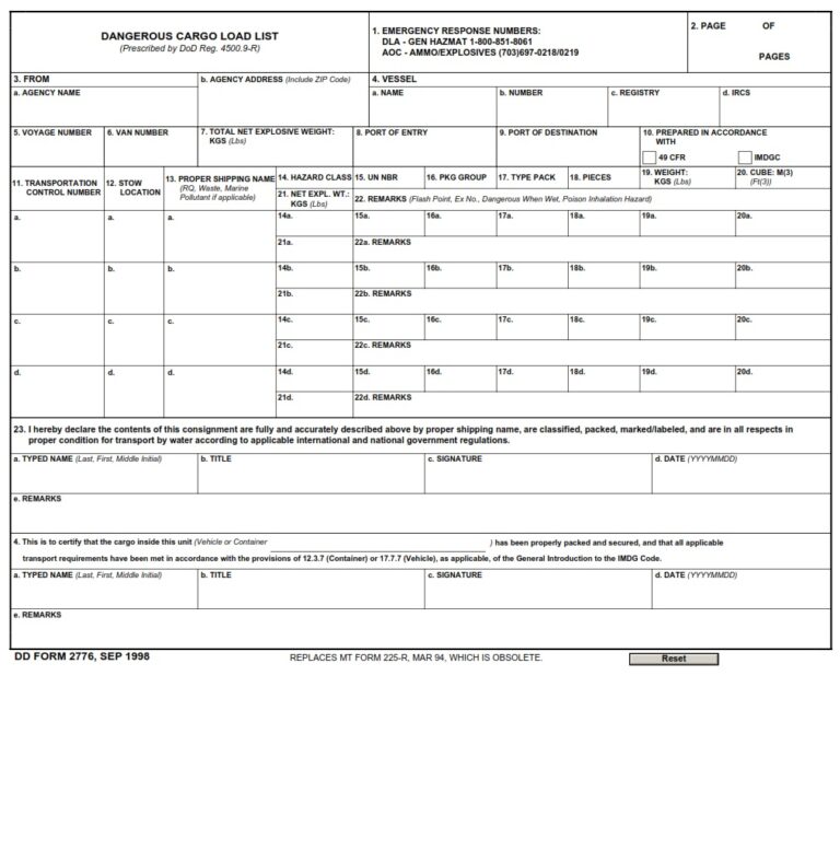 DD Form 2776 – Dangerous Cargo Load List - DD Forms
