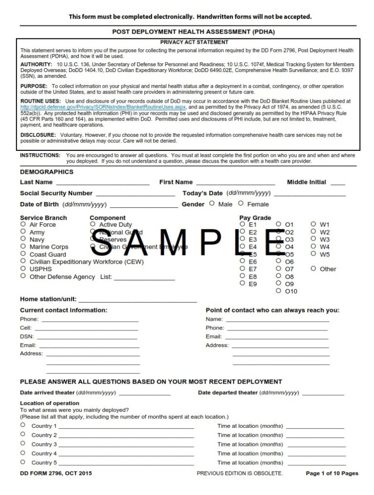 DD Form 2796 – Post-Deployment Health Assessment (PDHA) - DD Forms