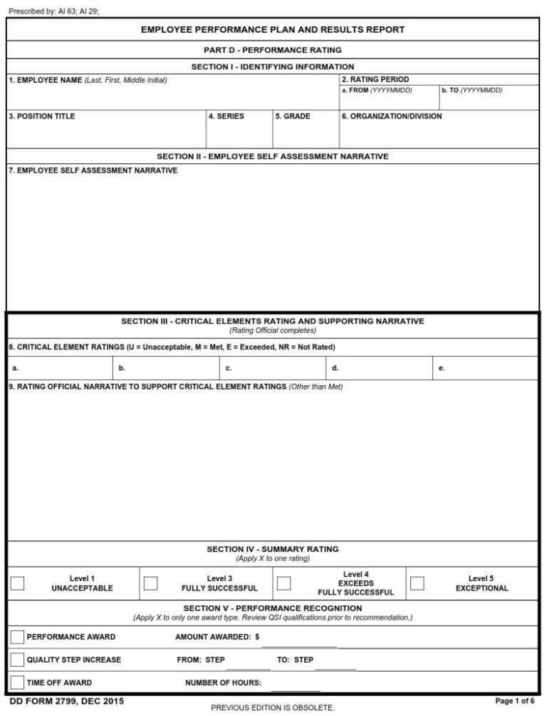 DD Form 2799 – Employee Performance Plan and Results Report - DD Forms