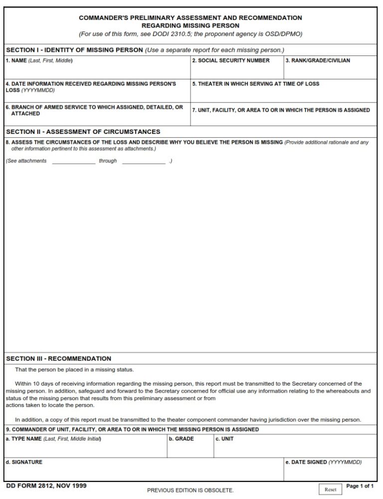 DD Form 2812 – Commander’s Preliminary Assessment and Recommendation ...