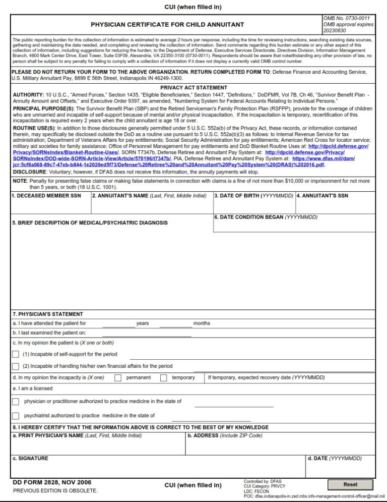 DD Form 2828 – Physician Certification for Child Annuitant - DD Forms