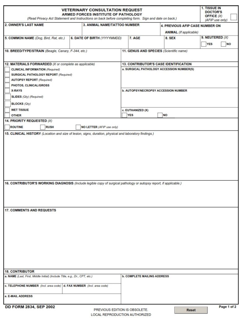 DD Form 2834 – Veterinary Consultation Request - DD Forms