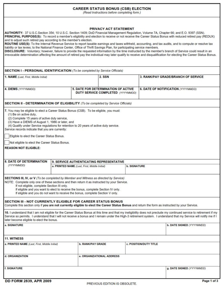 DD Form 2839 – Career Status Bonus Election - DD Forms