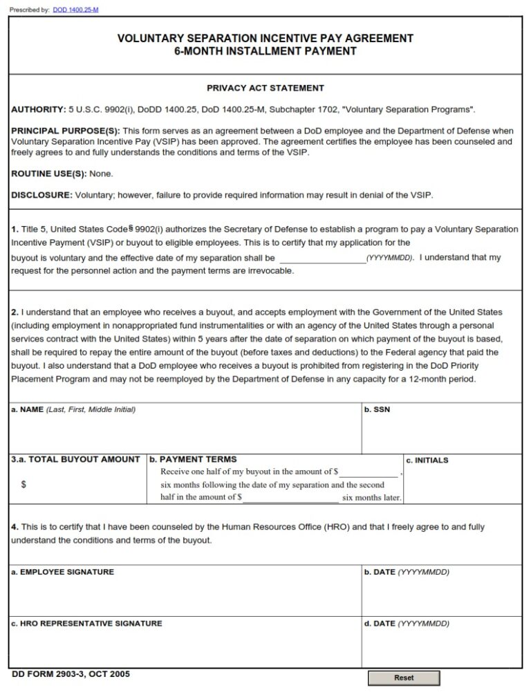 DD Form 2903-3 – Voluntary Separation Incentive Pay Agreement 6-Month ...